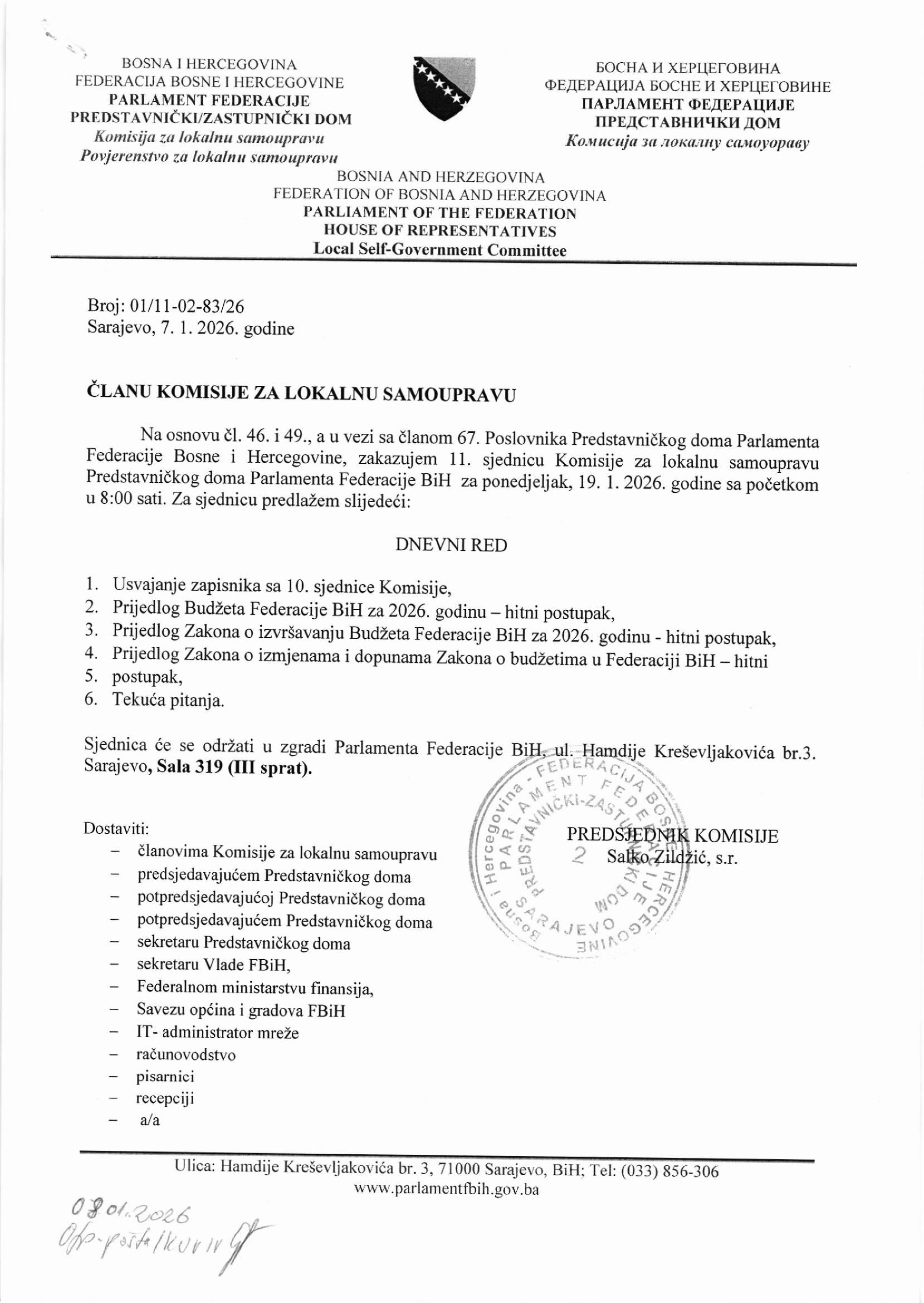 Poziv za 11. sjednicu Komisije za lokalnu samoupravu | Parlament ...